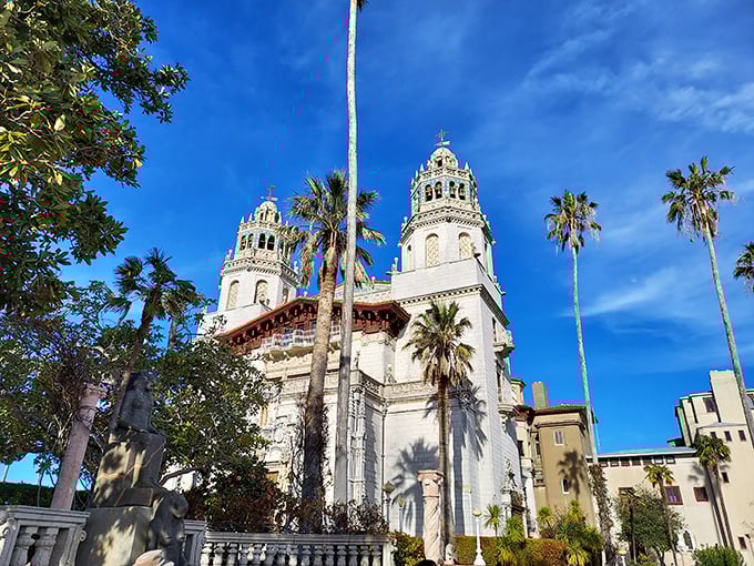 Hearst Castle: Twin white towers reach for the blue sky, surrounded by palm trees—where Spanish architecture meets Hollywood glamour in spectacular fashion.