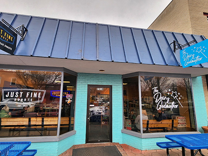 That blue metal roof shelters donut magic that's anything but "just fine" – it's extraordinary! Alexandria's worst-kept delicious secret.
