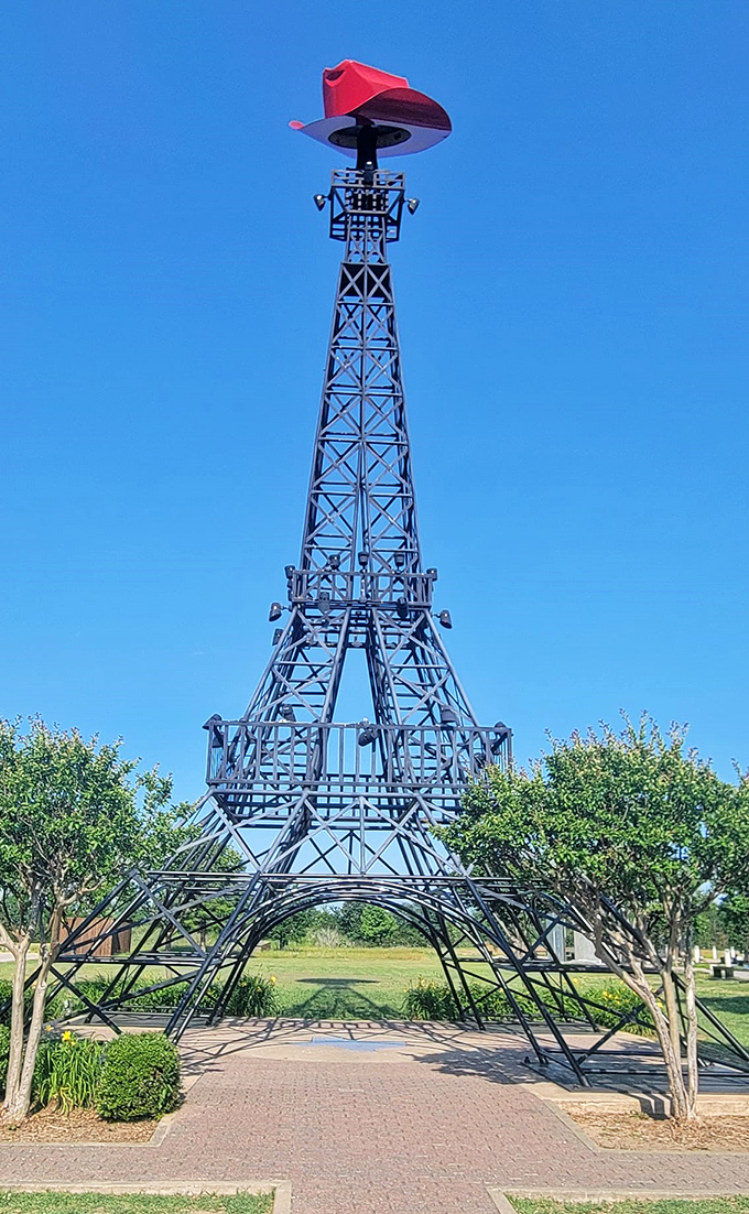 Who needs Paris, France, when Paris, Texas, has this? A mini Eiffel Tower with a Texas twist—complete with a red cowboy hat!