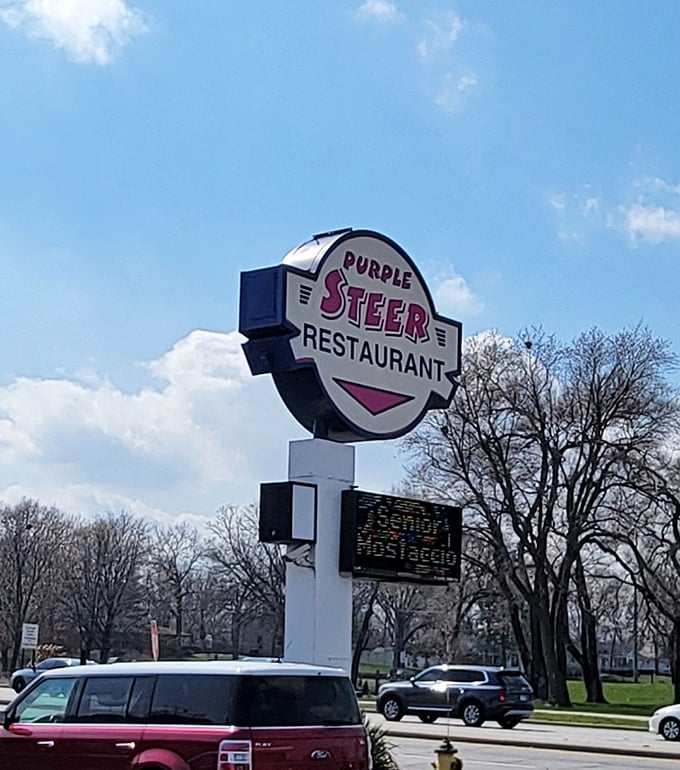A bright restaurant sign welcomes you to this no-frills diner, where comfort food reigns supreme and calories don’t count.