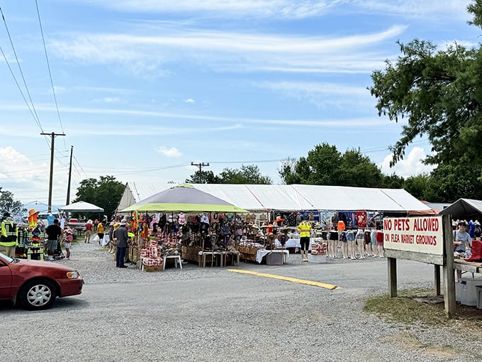 Blue tarps and white tents – the universal symbols of "good stuff at great prices" in any language.