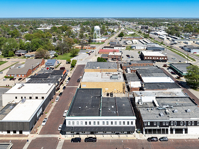 A bird’s-eye view of Sikeston’s skyline, where nature and city life strike a balance in this affordable community.