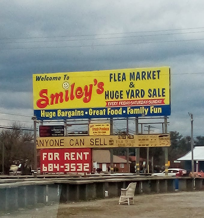 Even on cloudy days, Smiley's cheerful signage brightens the landscape. "Huge Bargains" isn't just marketing—it's a solemn pledge!