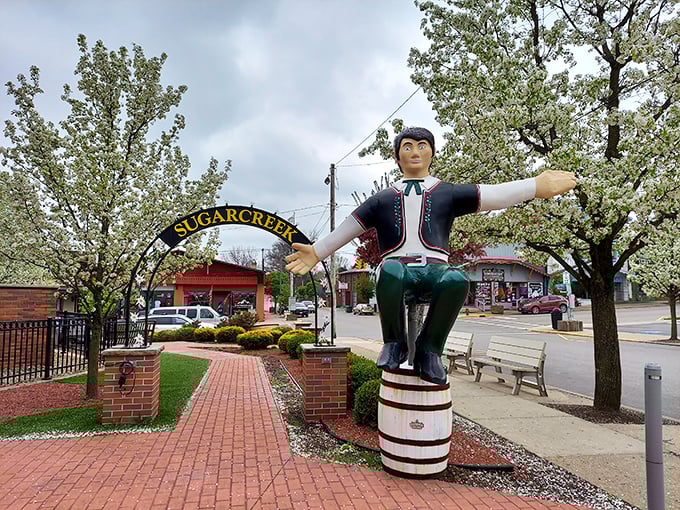 Meet the unofficial mayor of Sugarcreek! This wooden fellow welcomes visitors to "Little Switzerland" with open arms.