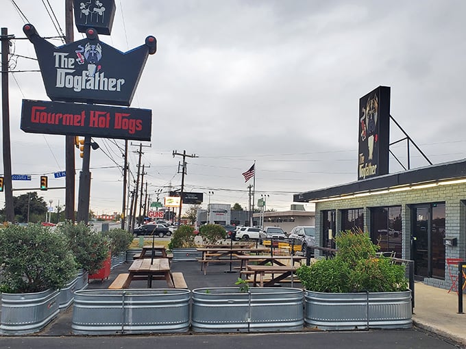 "Gourmet Hot Dogs" isn't just a sign – it's a promise The Dogfather keeps with every perfectly crafted dog they serve.