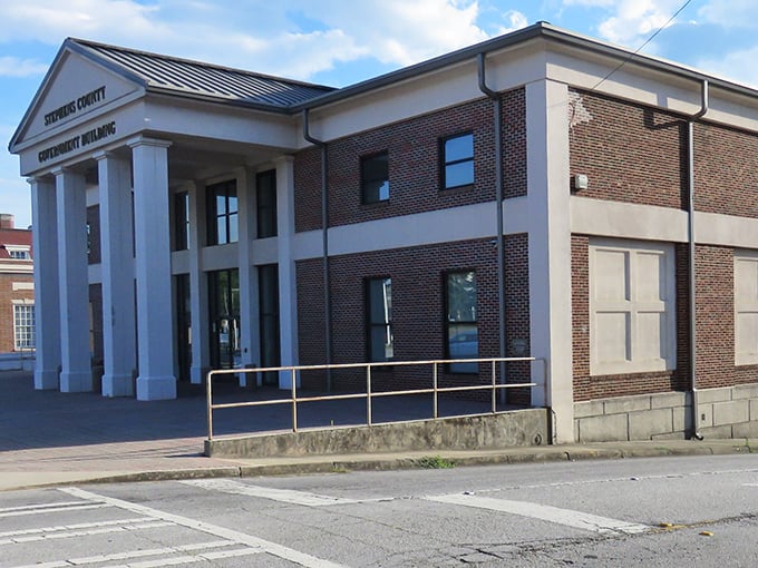 This stately brick-and-stone structure is the Stephens County Government Building—where local decisions are made beneath timeless architecture that reflects Toccoa’s civic pride.