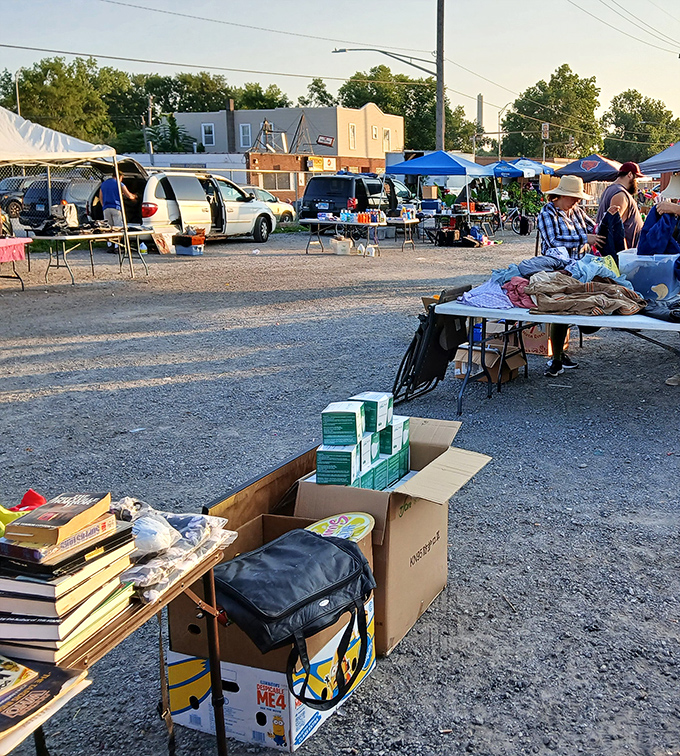 Golden hour at the swap meet—where cardboard boxes might contain vinyl records that survived disco's demise or your grandmother's missing china.