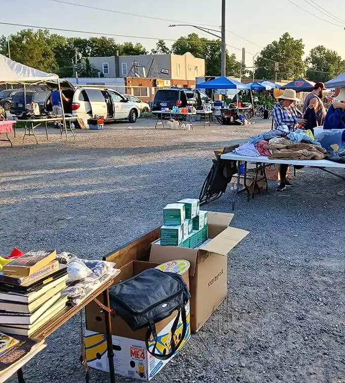 Golden hour at the swap meet—where cardboard boxes might contain vinyl records that survived disco's demise or your grandmother's missing china.