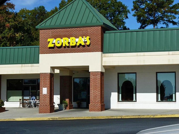 Don't let the shopping center location fool you – Zorba's brick-front entrance leads to Mediterranean pizza perfection.