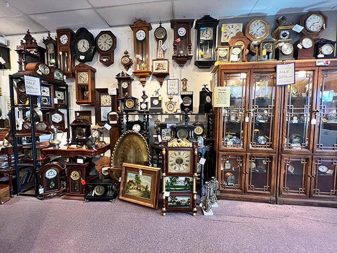Time literally stands still in this corner where grandfather clocks and timepieces from every era compete for your attention.