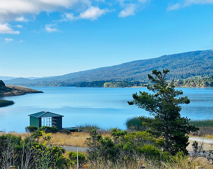Tranquility defined: A small boathouse sits by still waters, surrounded by golden hills. Nature's meditation room, no appointment necessary.