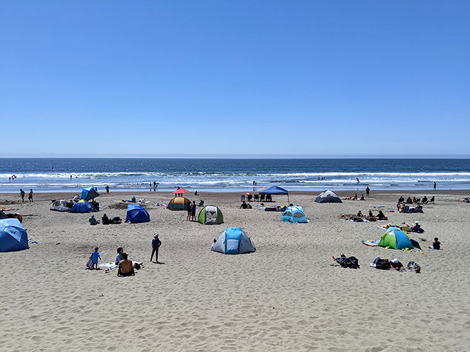 Stinson Beach beckons with its golden sands and colorful tents—proof that sometimes the best "room with a view" has no walls at all.