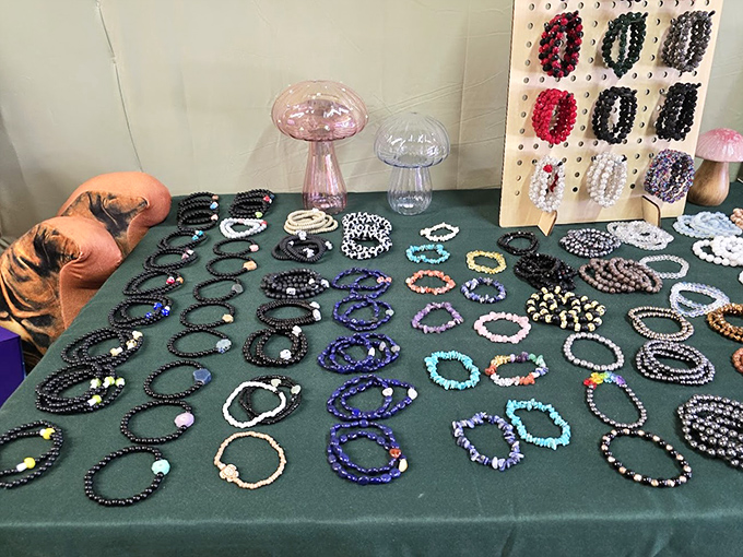 Beaded bracelets in every color imaginable spread across the table like a wearable rainbow. One for every mood, outfit, or chakra alignment!