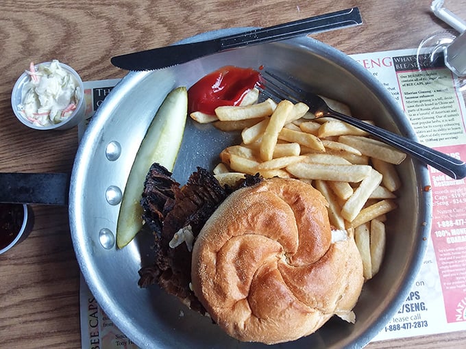 Behold the brisket sandwich in all its glory—tender meat nestled in a perfect bun, surrounded by golden fries and that obligatory pickle spear standing guard.