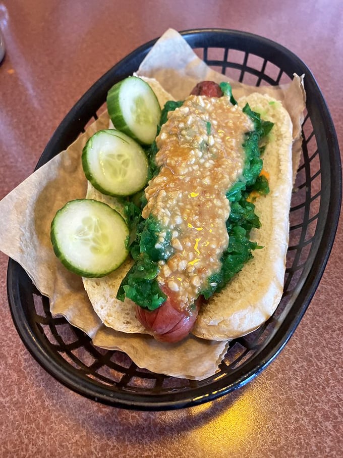 This cucumber-topped creation proves that vegetables belong on hot dogs, despite what your grandfather might say.