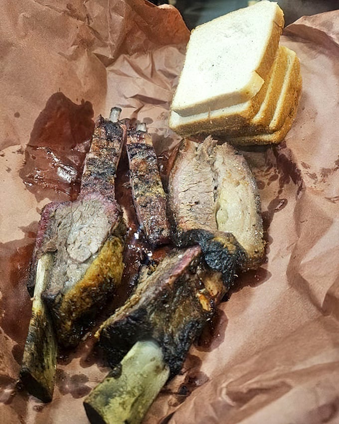 Meat and bread—the barbecue equivalent of Astaire and Rogers. This butcher paper ballet of beef ribs and white bread is Texas simplicity at its most profound.