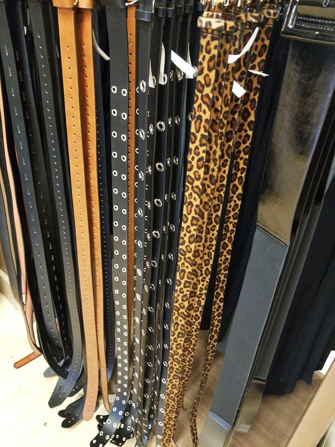 Belt enthusiasts, your moment has arrived. From studded to leopard print, this rack proves accessories aren't just afterthoughts—they're statement pieces waiting to happen.