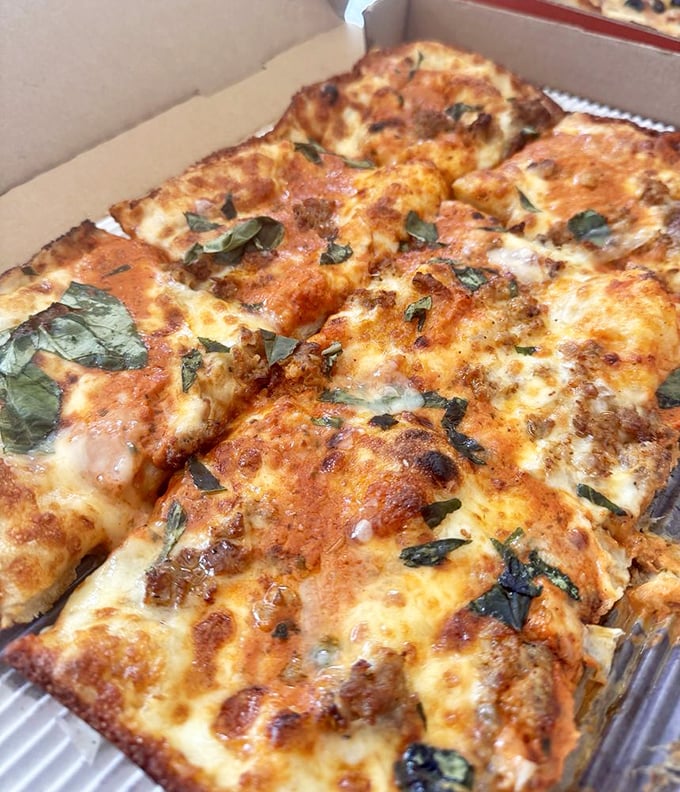 This isn't just pizza—it's a geometric masterpiece of perfectly charred squares, fresh basil, and cheese that stretches like it's training for the Olympics.