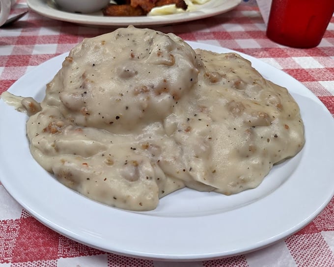 Biscuits swimming in creamy sausage gravy – the breakfast equivalent of a warm hug. This plate alone has created more happiness than most self-help books.