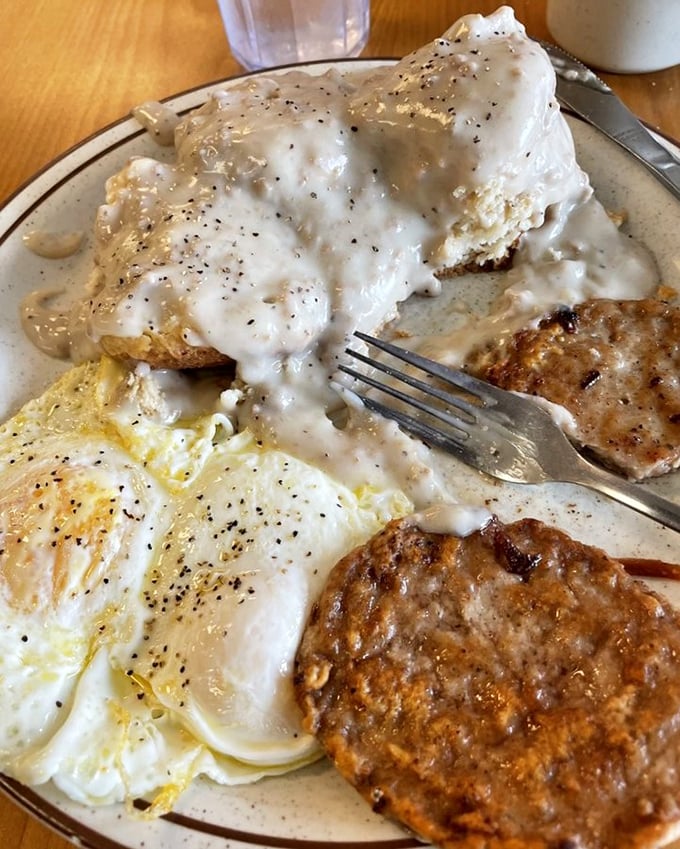 Biscuits and gravy that could make a cardiologist weep—both from professional concern and personal temptation.