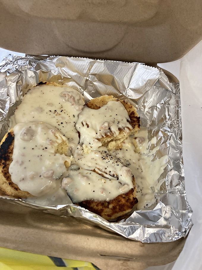 Biscuits drowning in sausage gravy – comfort food that makes your grandmother's cooking seem almost adequate.