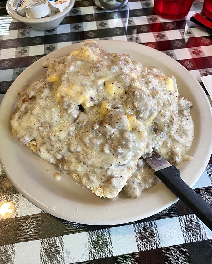 This magnificent mountain of biscuits and gravy could make a cardiologist weep – with joy or concern, who knows?