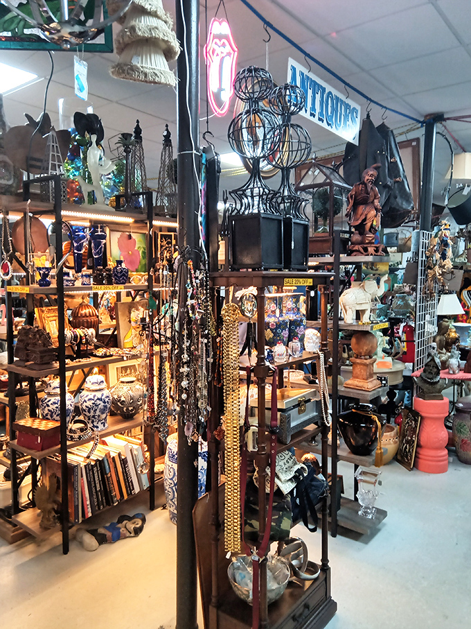 Treasures stacked to the ceiling create narrow pathways of possibility. That perfect statement piece for your living room is hiding somewhere in this organized chaos.