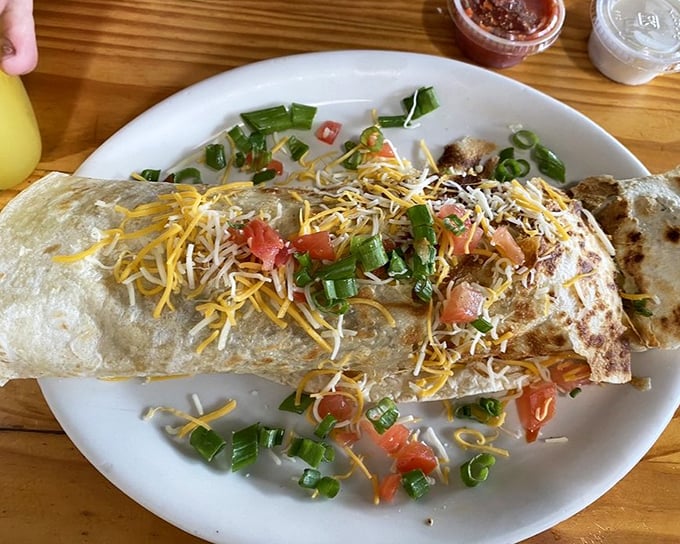 Behold the breakfast burrito that launches road trips! Stuffed with eggs, cheese, and topped with fresh scallions—it's Florida's answer to morning hunger.