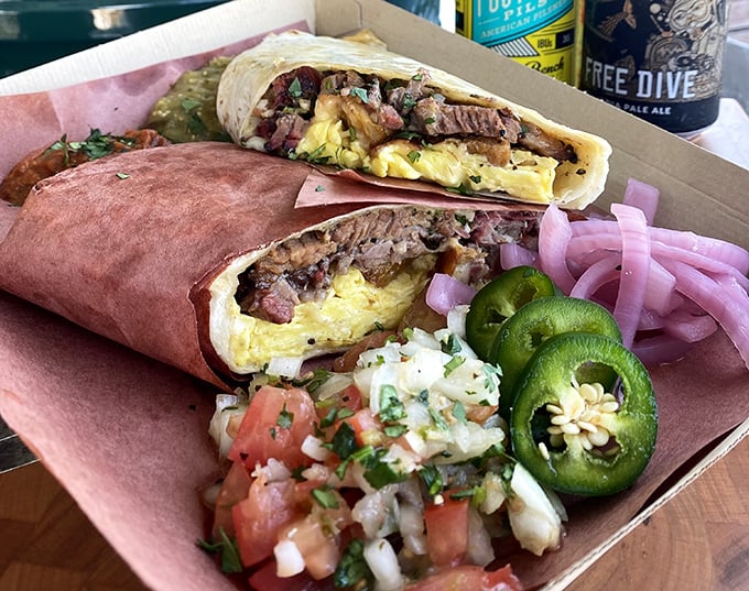 Breakfast burritos that could make a Texan weep – tender brisket and fluffy eggs wrapped in what can only be described as edible joy.