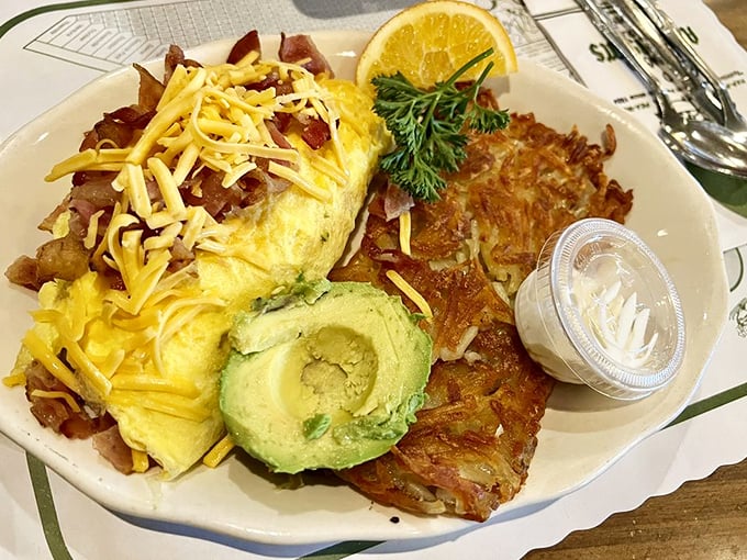 This isn't just breakfast—it's a California road trip tradition. Fluffy omelet, crispy hashbrowns, and fresh avocado create the perfect morning trio.