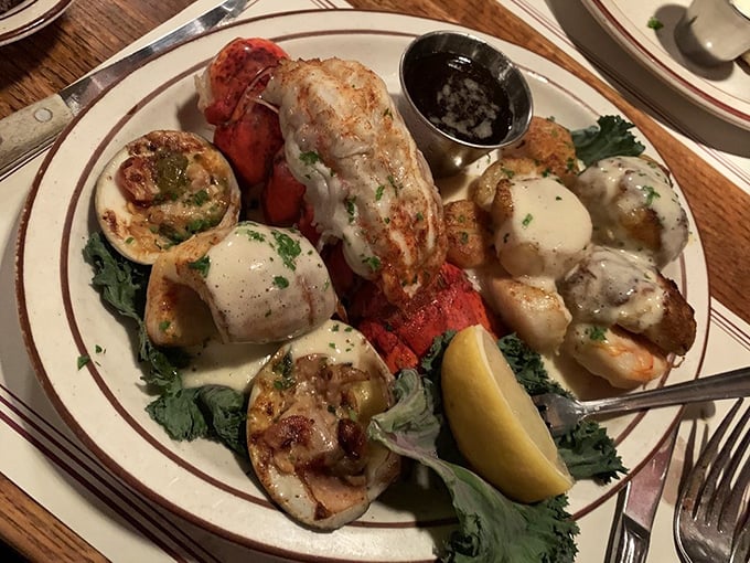 This broiled seafood platter isn't just dinner—it's a maritime celebration on a plate, complete with lobster tail holding court.