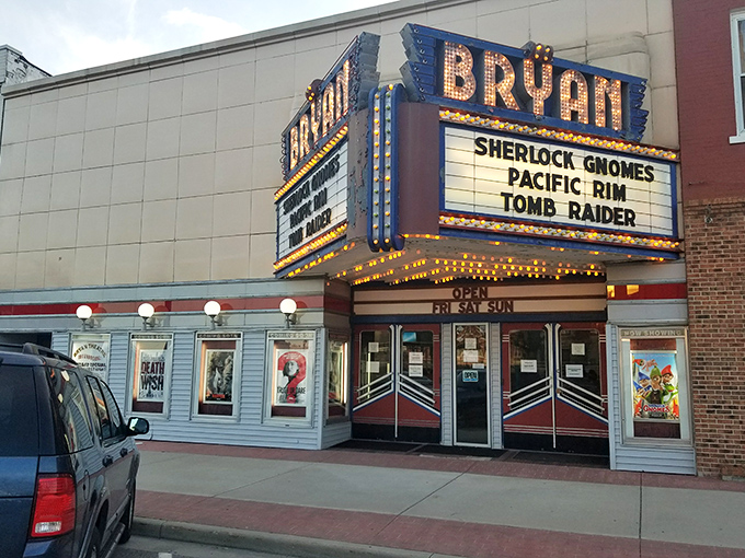 The Bryan Theater marquee lights up small-town evenings with big-screen magic. Popcorn tastes better when you're not paying big-city prices.