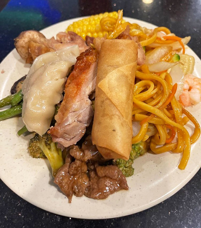 A plate that tells the story of buffet strategy—the egg roll neighbor to lo mein, the dumpling beside beef. A masterclass in the art of selection.