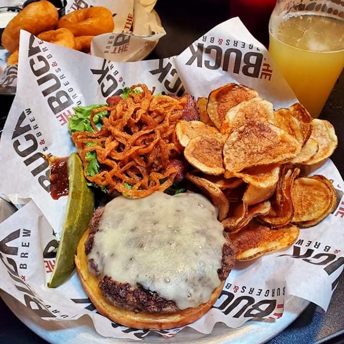 Behold the burger in its natural habitat: melty cheese cascading down a perfectly seared patty, with crispy chips standing guard.