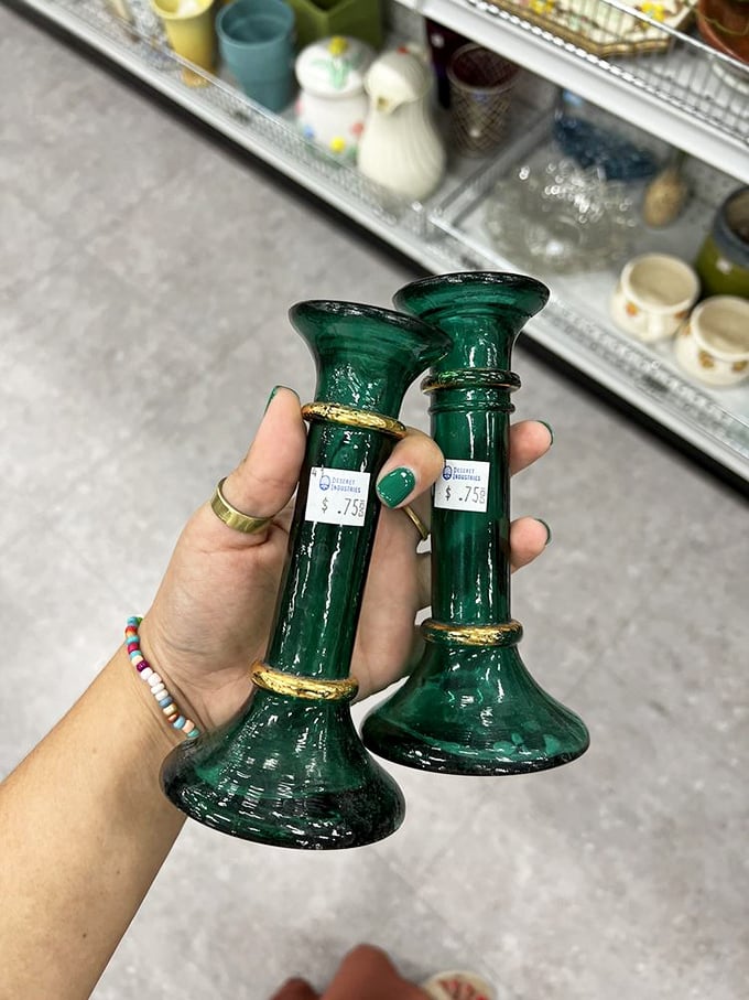 Emerald candlesticks that would make Liberace nod in approval—just $7.50 to add vintage glamour to your dinner table.