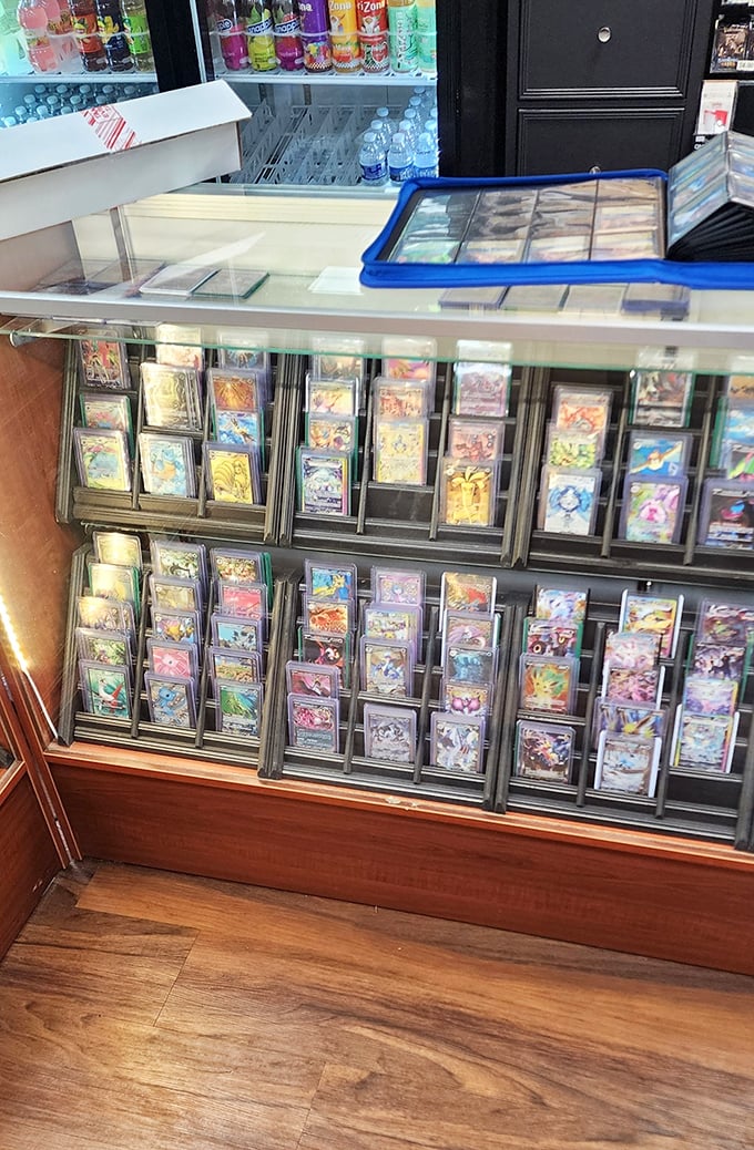 Behind glass lies cardboard gold—meticulously organized Pokémon cards that might just fund someone's retirement or at least their next vacation.
