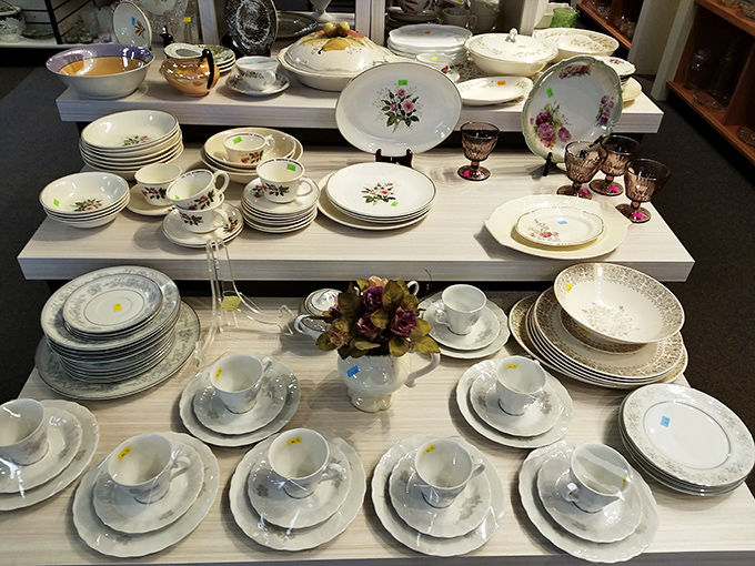 Complete dinner sets showcase patterns that once graced Sunday suppers and special celebrations nationwide.