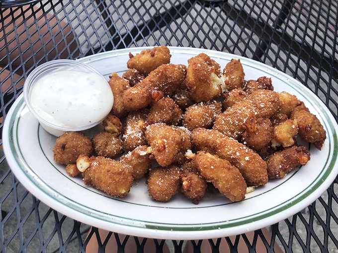 Golden-brown cheese curds dusted with parmesan, served with ranch dipping sauce – Wisconsin's answer to world peace on a plate.