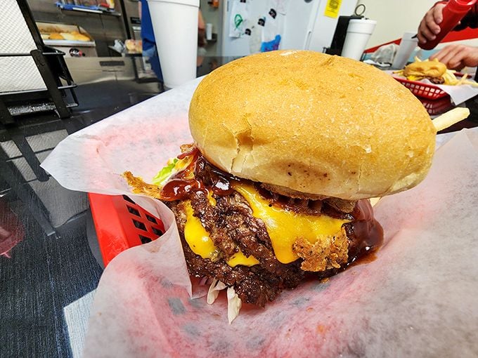 Behold the star of the show—a burger that doesn't need Instagram filters or fancy lighting. That melty cheese cascade is nature's perfect special effect.