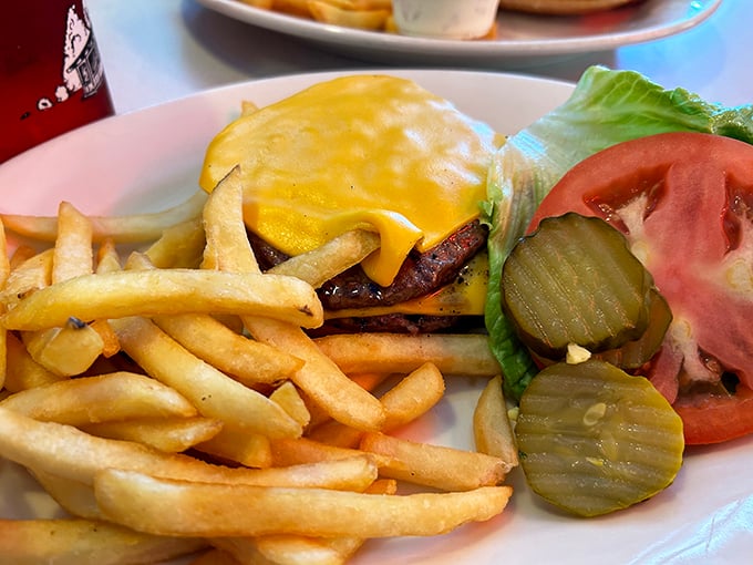 Behold, the star of the show—a perfectly melted cheese blanket draped over a charcoal-grilled patty. This isn't just a cheeseburger; it's Delaware's edible heritage.