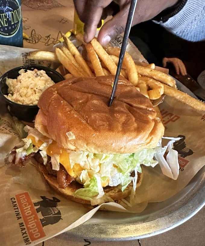 This towering cheeseburger means business – the kind that requires both hands and zero regrets.