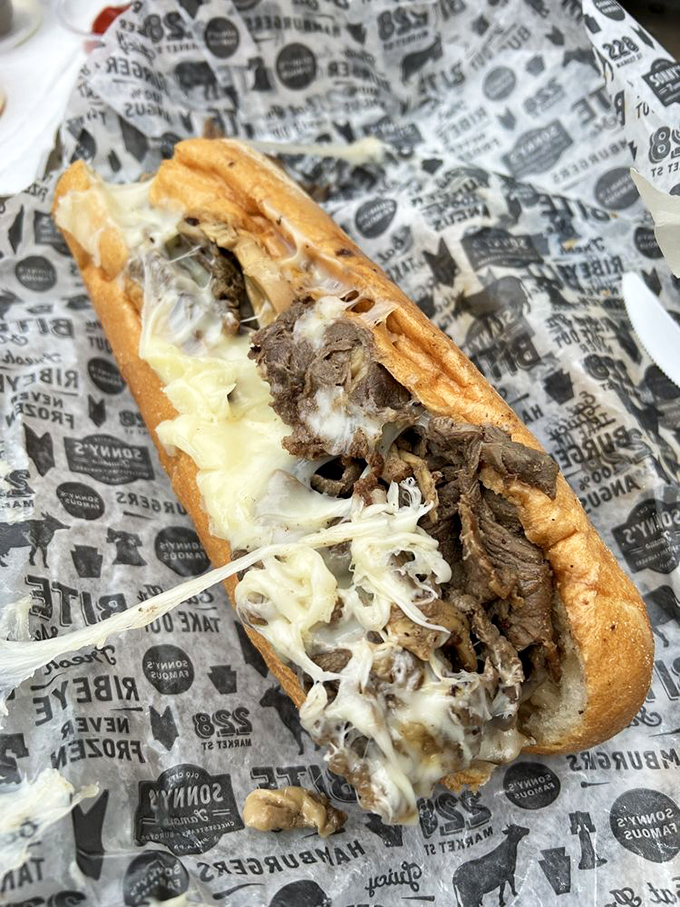 Behold the star attraction – ribbons of seasoned beef embraced by melted cheese in a perfectly toasted roll. Poetry in sandwich form.