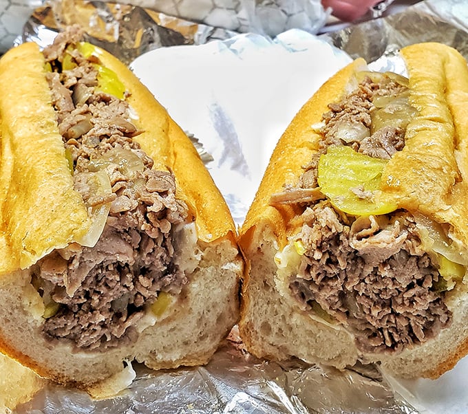 Behold the star of the show—thinly sliced beef, perfectly grilled, nestled in that iconic roll. This isn't just lunch; it's a Philadelphia institution.