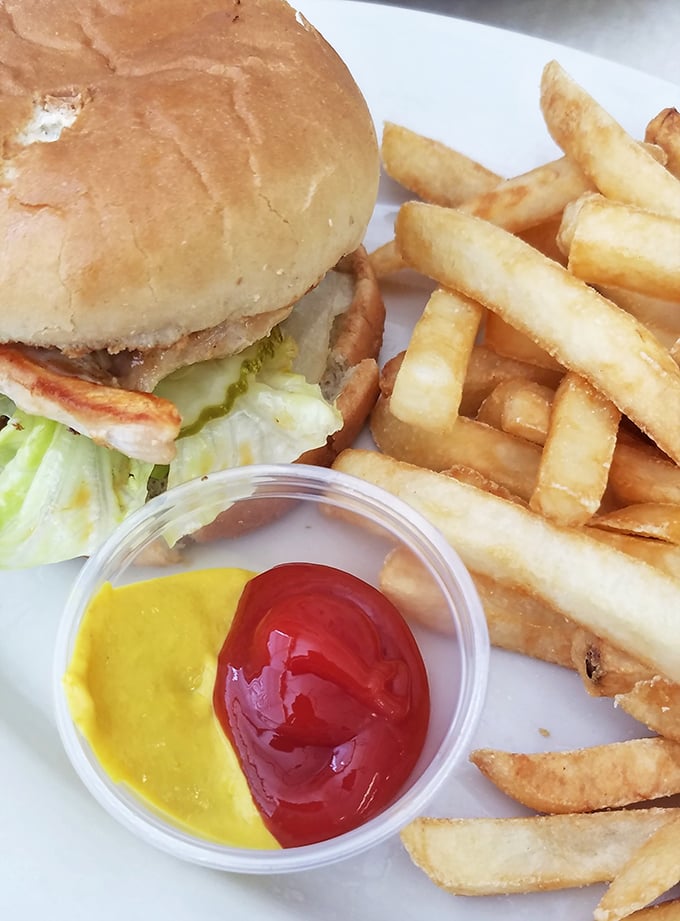 A sandwich that understands the importance of proper condiment distribution. That little divided cup is the Switzerland of the plate—keeping peace between ketchup and mustard. 