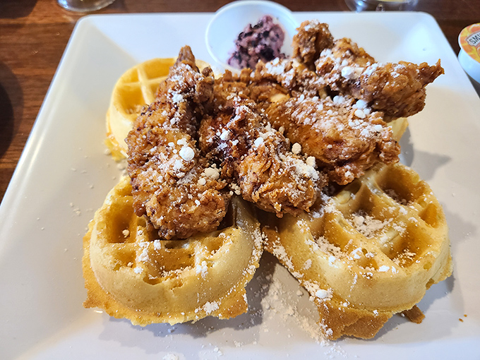 Chicken and waffles: where crispy meets fluffy, savory meets sweet, and your diet meets its temporary demise. Worth every magnificent calorie.