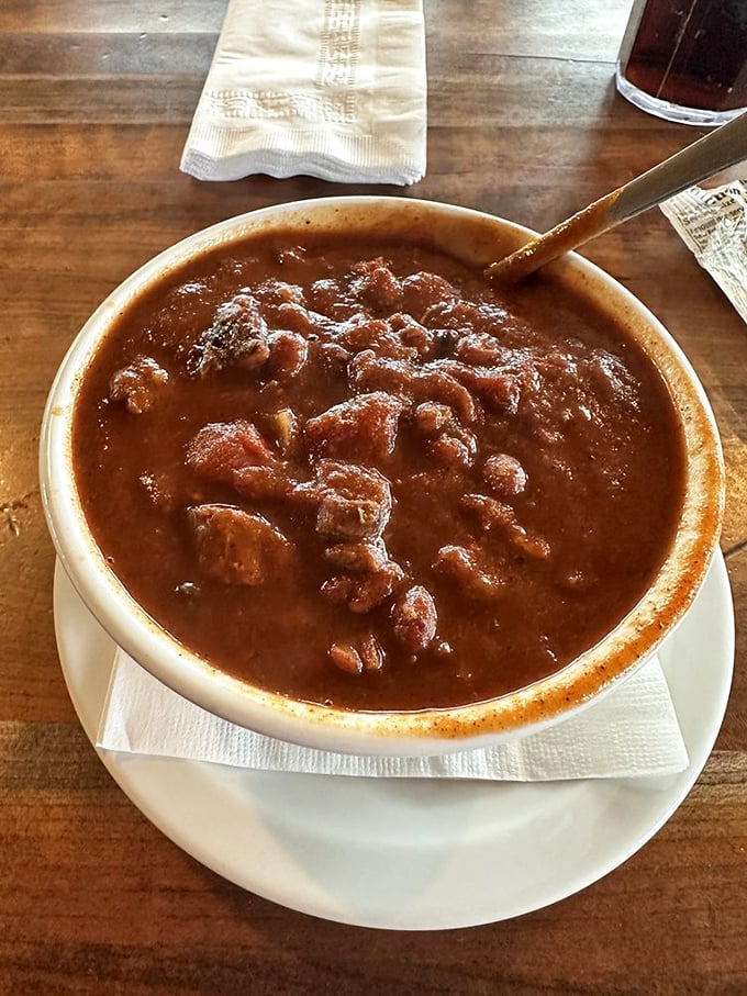 The legendary brisket chili—where chunks of smoky beef swim in a rich, spiced broth. This isn't just soup; it's a warm hug in a bowl with a smoky accent.