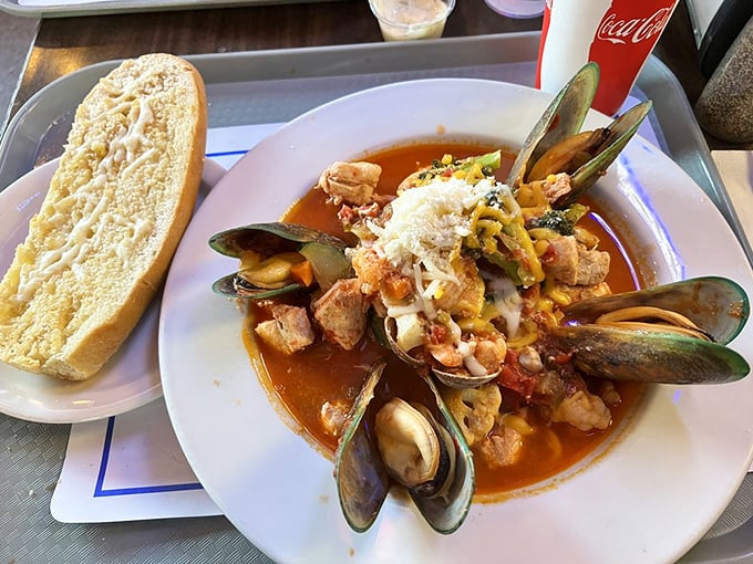 The cioppino at Andria's isn't just soup—it's a maritime United Nations where mussels, shrimp, and fish hold their summit in tomato broth.