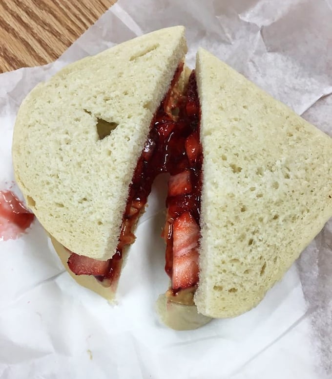 The Classic Old Timer sandwich isn't trying to reinvent the wheel—it's just perfecting it. Fresh peanut butter and strawberry preserves: simplicity at its finest.