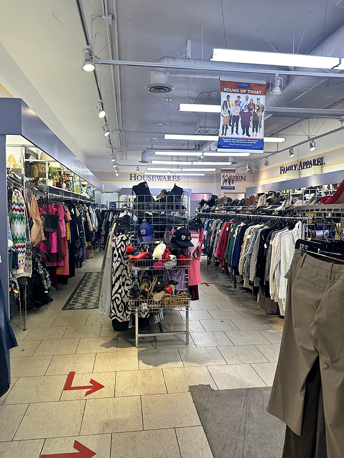 Organized chaos at its finest – color-coded clothing sections make finding that perfect addition to your wardrobe surprisingly efficient.