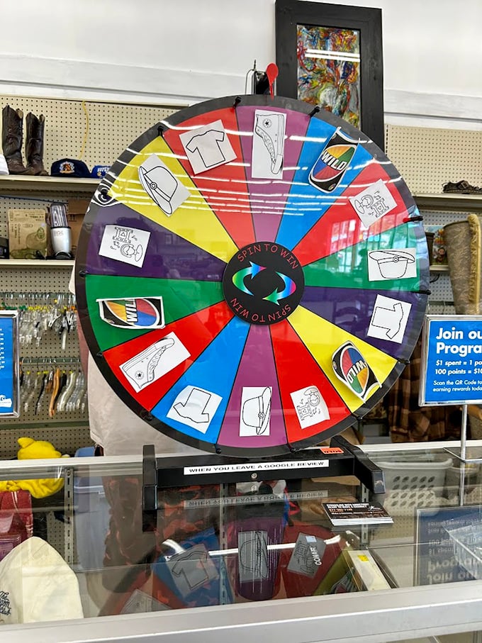 Spin to win! This colorful wheel of fortune adds carnival flair to the thrifting experience – because shopping should always include an element of game show excitement.